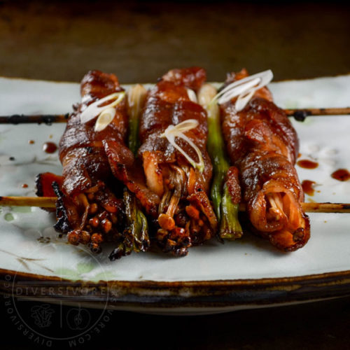 Bacon-Wrapped Enoki Mushrooms with Maple-Sake Glaze - diversivore